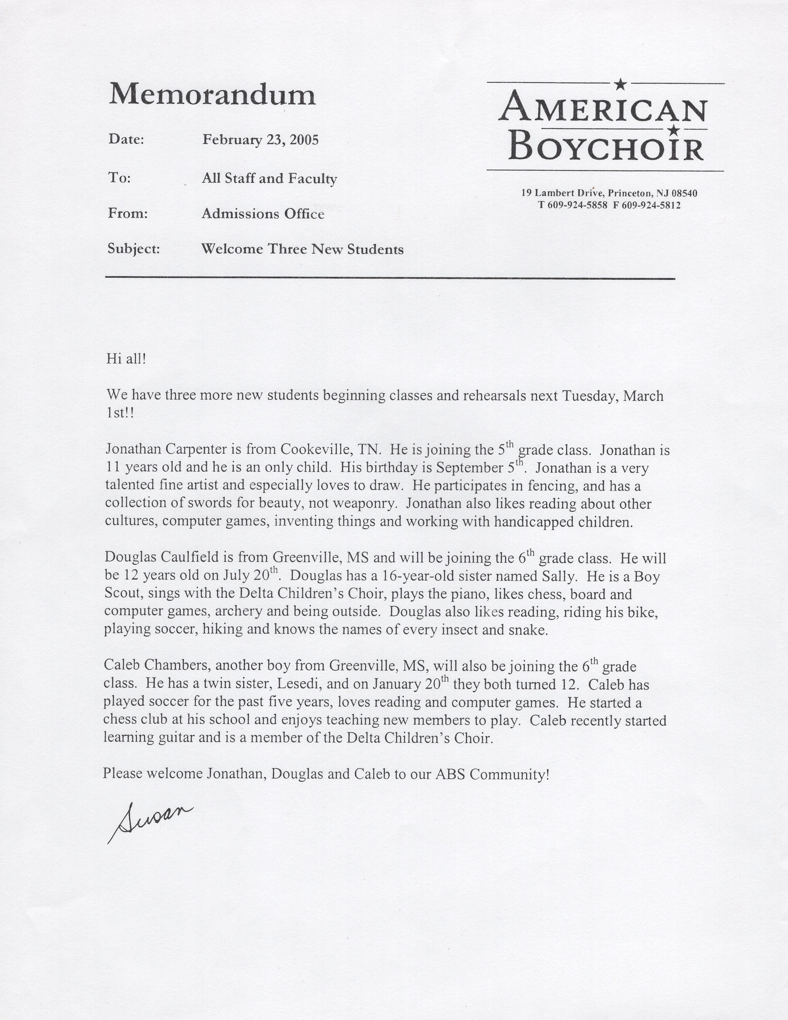 Memorandum Welcome Three New Students Letters Correspondence memorandum-welcome-three-new-students-letters-correspondence